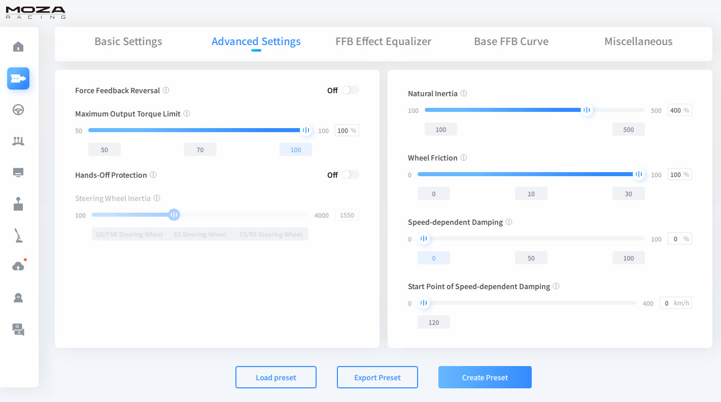 Moza FFB settings for iRacing: R5 / R9 / R12 / R16 and R21